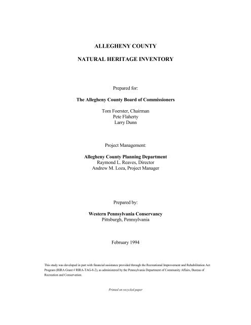 ALLEGHENY COUNTY NATURAL HERITAGE INVENTORY - Index of
