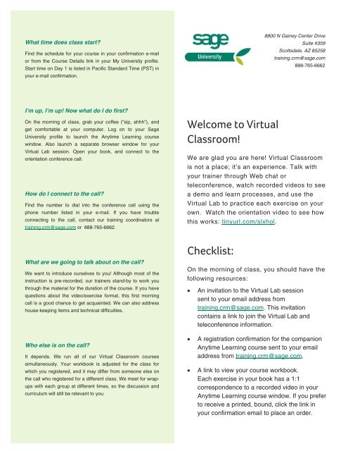Welcome to Virtual Classroom! Checklist: - Sage University