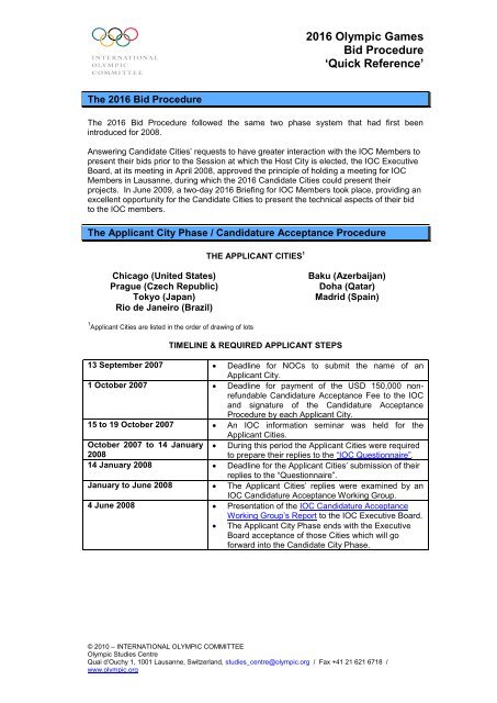 2016 Olympic Games Bid Procedure 'Quick Reference'
