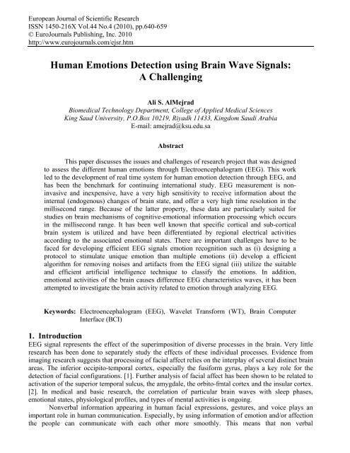 Human Emotions Detection using Brain Wave Signals - EuroJournals