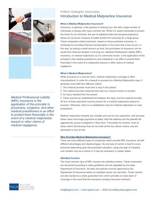 Introduction to Medical Malpractice Insurance - William Gallagher ...