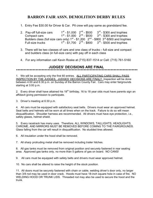 barron fair assn. demolition derby rules - Barron County Fair