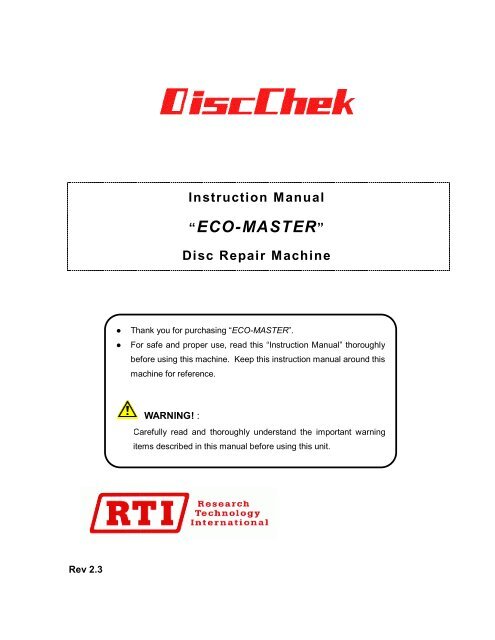 Instruction Manual “ECO-MASTER” Disc Repair Machine - RTI