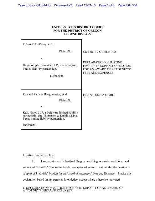 Declaration of Justine Fischer in Support of Motion for an Award of ...