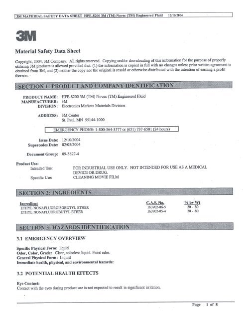 MSDS 3M HFE 8200 Solution