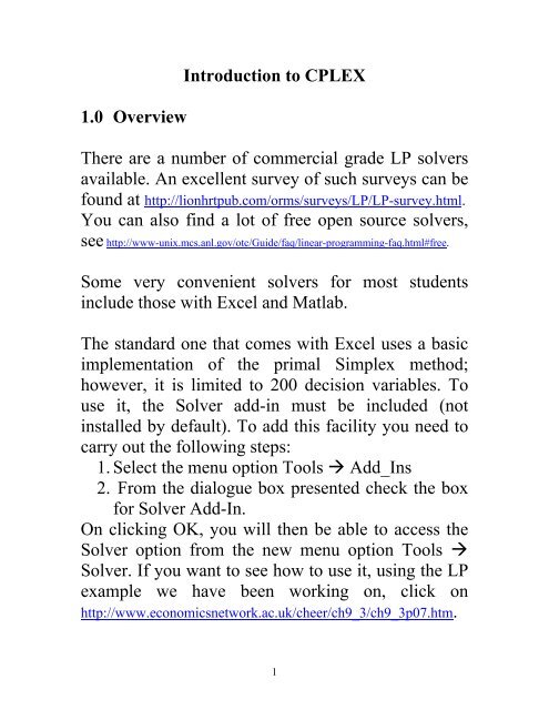 Introduction to CPLEX 1.0 Overview - Iowa State University