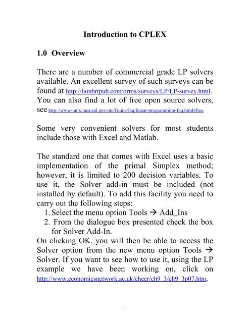 Introduction to CPLEX 1.0 Overview