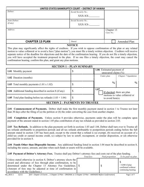 CHAPTER 13 PLAN - US Bankruptcy Court, District of Hawaii