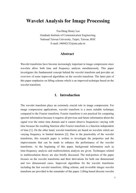 Wavelet Analysis for Image Processing