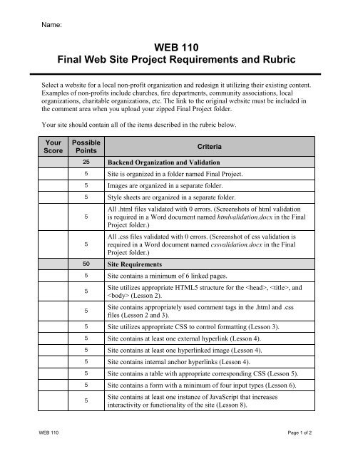 WEB 110 Final Web Site Project Requirements and Rubric