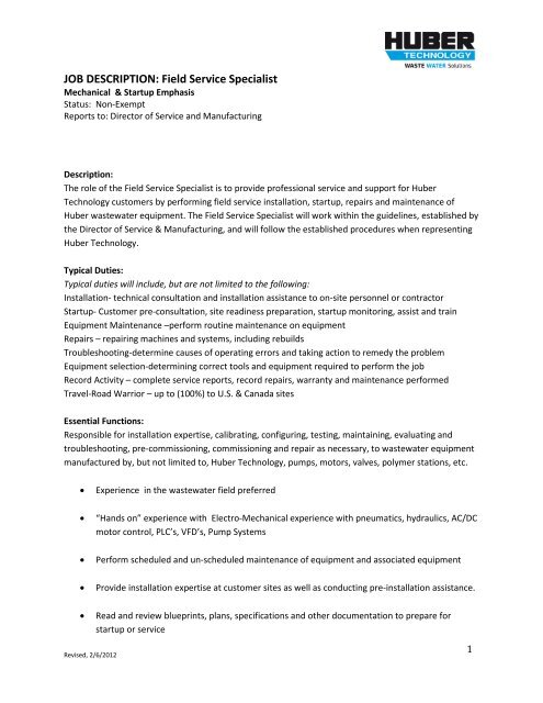 JOB DESCRIPTION: Field Service Specialist - Huber Technology