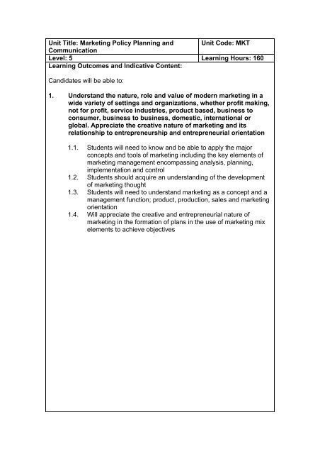 Unit Title: Marketing Policy Planning and Communication Unit Code ...