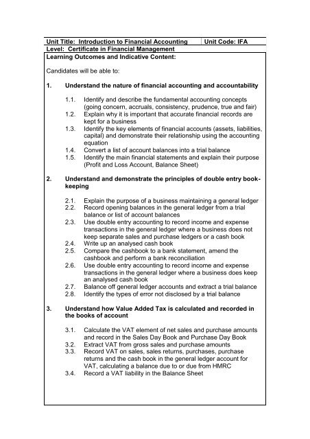 Unit Title: Introduction to Financial Accounting Unit Code: IFA Level ...
