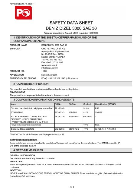 SAFETY DATA SHEET DENIZ DIZEL 3000 SAE 30 - Petrol Ofisi