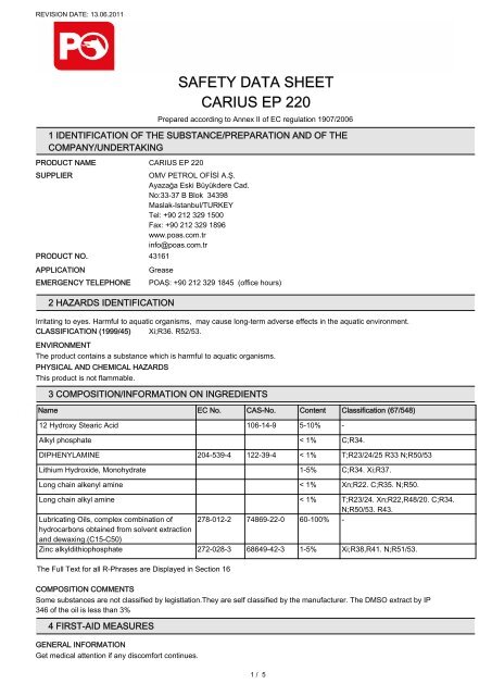 SAFETY DATA SHEET CARIUS EP 220 - Petrol Ofisi