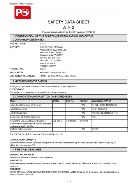 SAFETY DATA SHEET ATF 2 - Petrol Ofisi