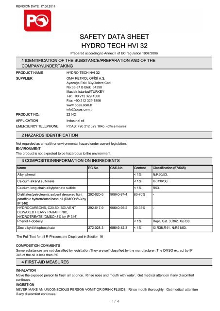 SAFETY DATA SHEET HYDRO TECH HVI 32 - Petrol Ofisi