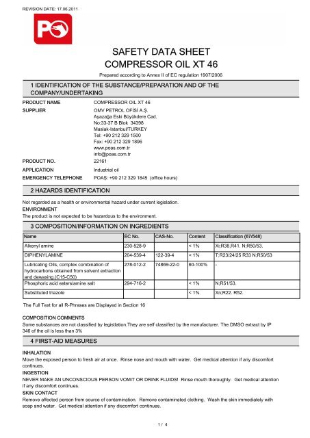 SAFETY DATA SHEET COMPRESSOR OIL XT 46 - Petrol Ofisi