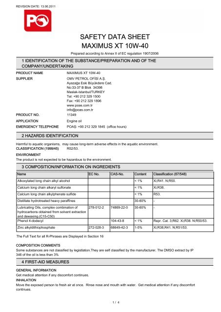 SAFETY DATA SHEET MAXIMUS XT 10W-40 - Petrol Ofisi