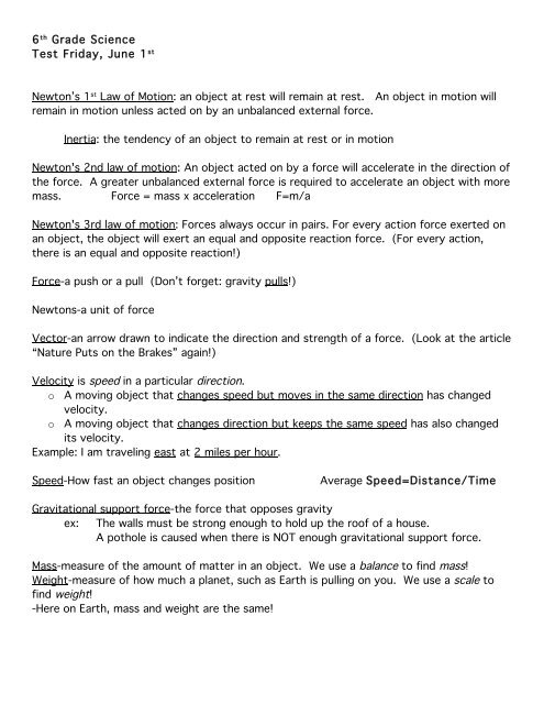 6th Grade Science Test Friday, June 1st Newton's 1st Law of Motion ...