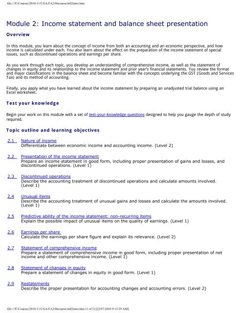 Module 2: Income statement and balance sheet presentation - PD Net