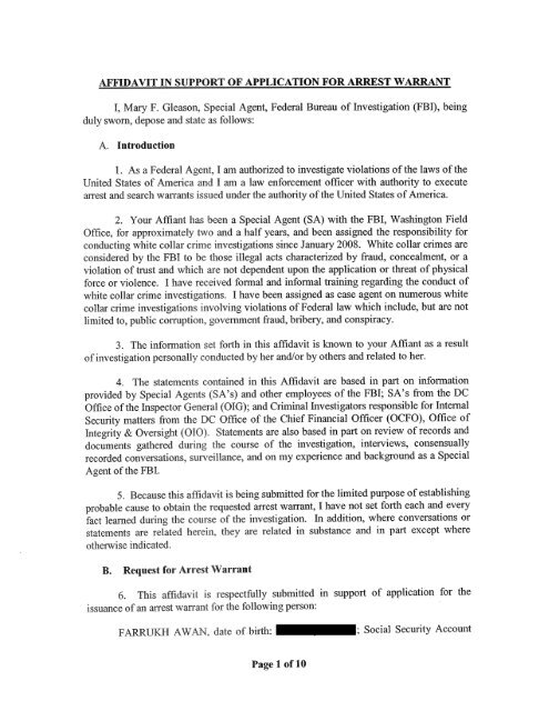 AFFIDAVIT IN SUPPORT OF APPLICATION FOR ARREST WARRANT