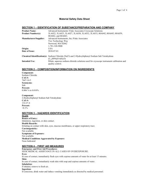 Material Safety Data Sheet - Advanced Instruments, Inc.