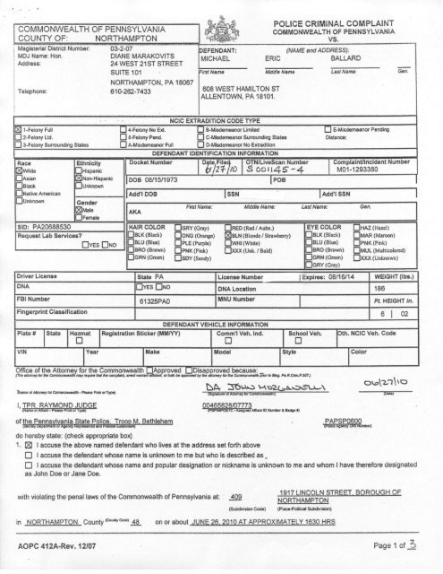 POLICE CRIMINAL COMPLAINT - LehighValleyLive.com