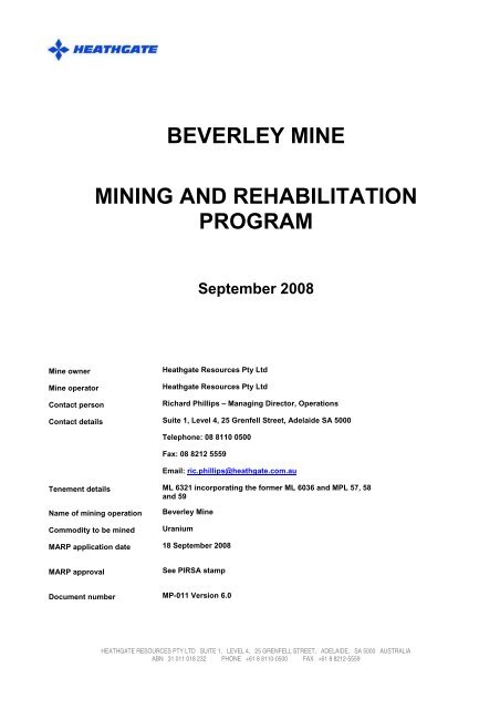 Beverley Mining and Rehabilitation Report - Heathgate Resources