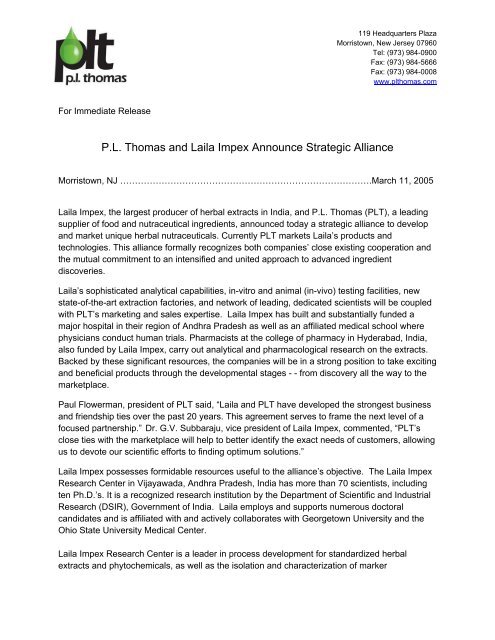 P.L. Thomas and Laila Impex Announce Strategic Alliance