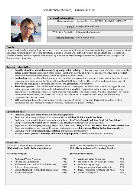Sam Harman (BSc Hons) Ð°â Curriculum Vitae