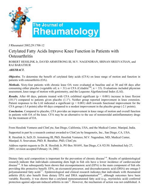 Cetylated Fatty Acids Improve Knee Function in Patients ... - Celadrin