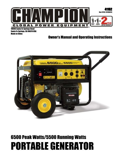 Champion 6500 Generator Manual Champion 41351 Owner`s Manual : Free