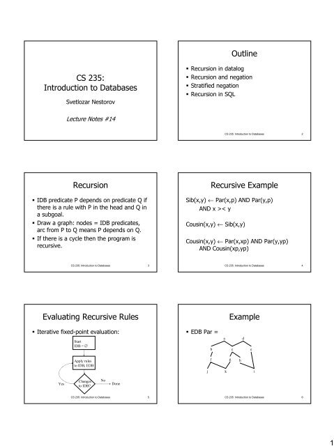 Cs 235 Introduction To Databases Outline Recursion Recursive