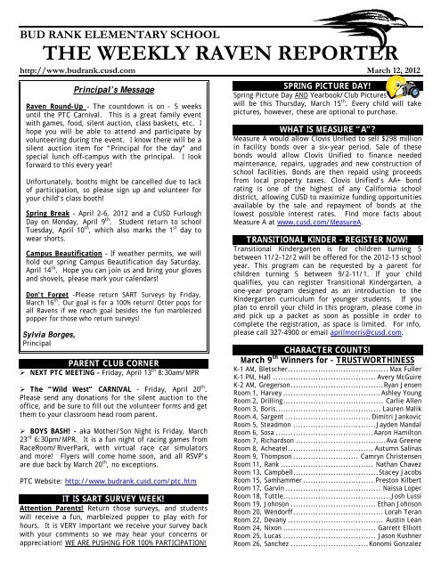 THE WEEKLY RAVEN REPORTER - Bud Rank Elementary School