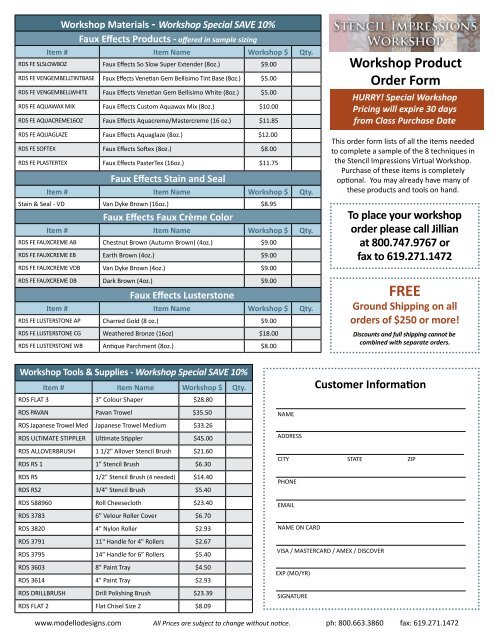 Workshop Product Order Form - Modello Designs