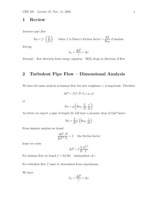 1 Review 2 Turbulent Pipe Flow â Dimensional Analysis