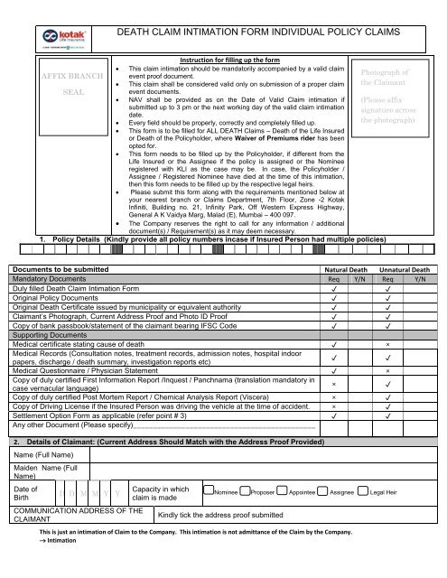 Death CLAIM INTIMATION FORM INDIVIDUAL POLICY Claims