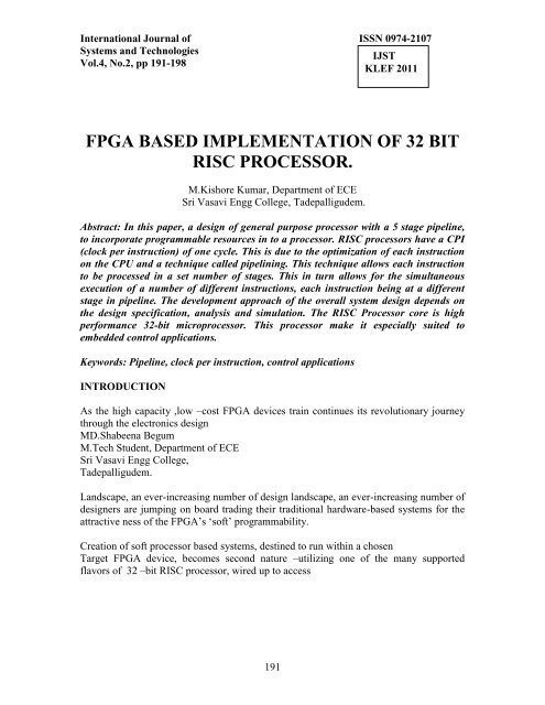 Fpga Based Implementation Of 32 Bit Risc Processor Ijst