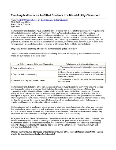 Teaching Math to Gifted Students in Mixed-Ability Classes