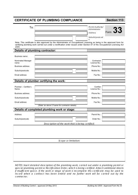 Form 33 Certificate of Plumbing Compliance