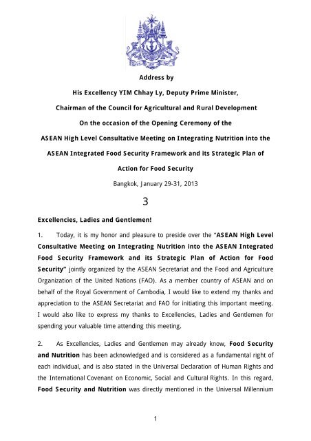 1 Address by His Excellency YIM Chhay Ly, Deputy Prime Minister ...