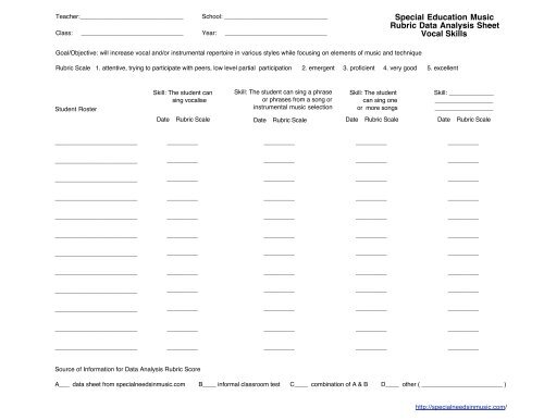 Special Education Music Rubric Data Analysis Sheet Vocal Skills