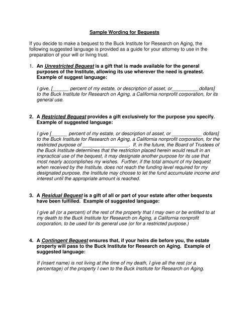 Sample wording for bequests can be found here. - Buck Institute