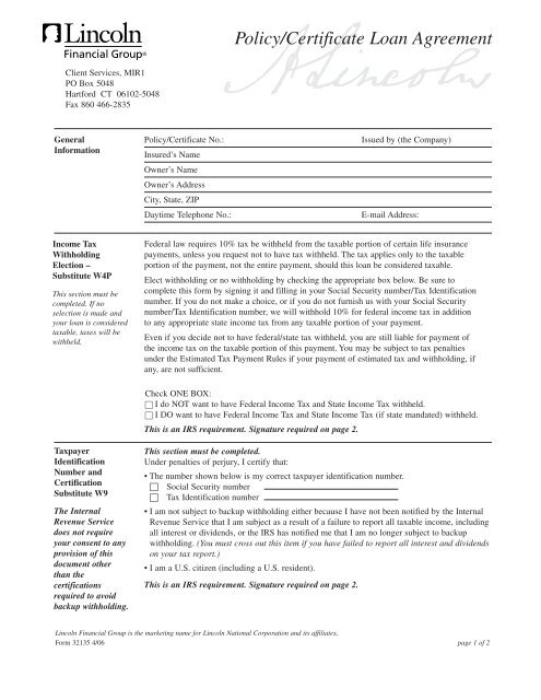 Policy/Certificate Loan Agreement - Lincoln Financial Group