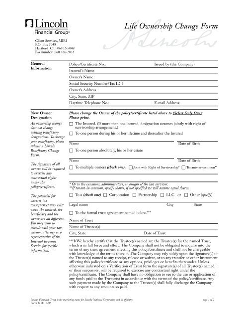 Life Ownership Change Form - Lincoln Financial Group