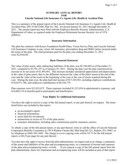 Group Life, Health and Accident Plan Summary Annual Report