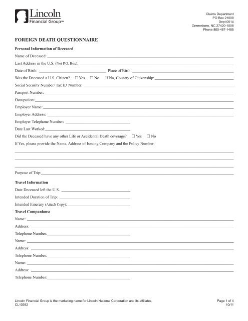 Foreign Death Questionnaire - Lincoln Financial Group