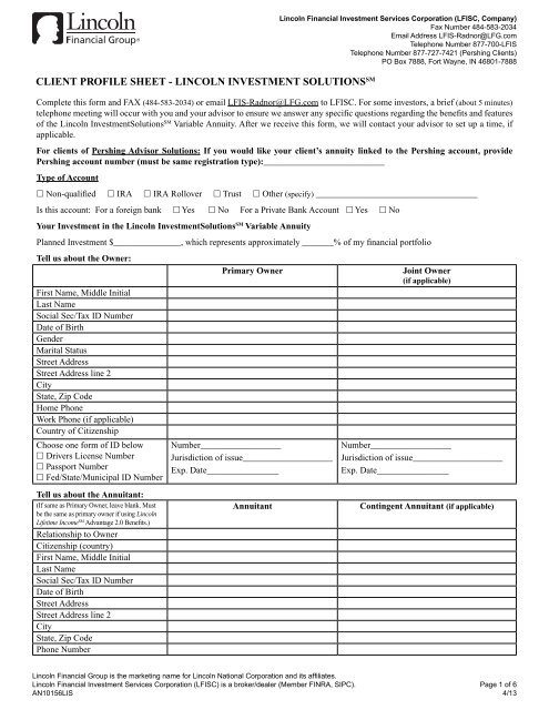 client profile sheet - Lincoln Financial Group Fulfillment