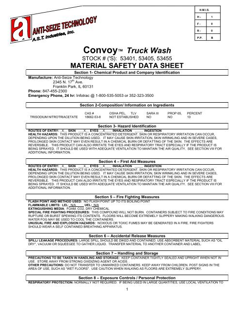 MSDS Sheet for CONVOYâ ¢ Truck Wash - Anti-Seize Technology